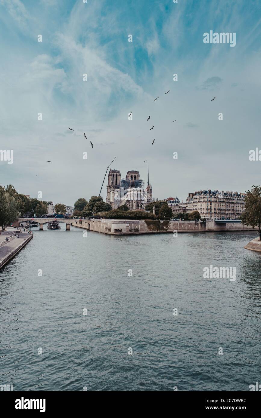 Vertical shot of high-rise buildings near a bridge over the river and ...