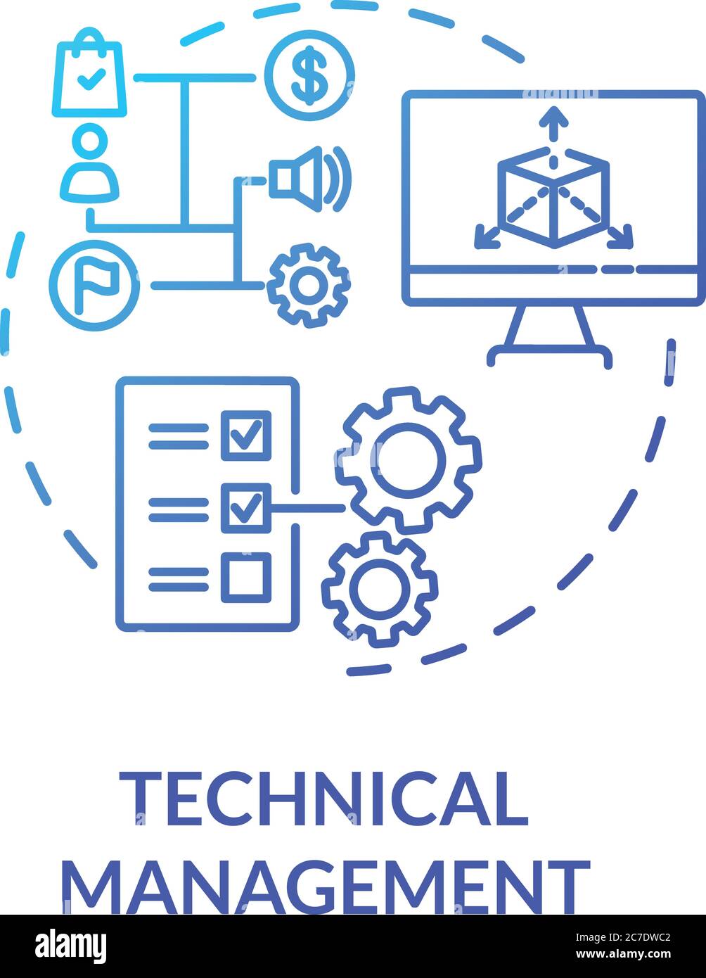 Technical management blue gradient concept icon. Technology maintenance. Industrial modeling ...