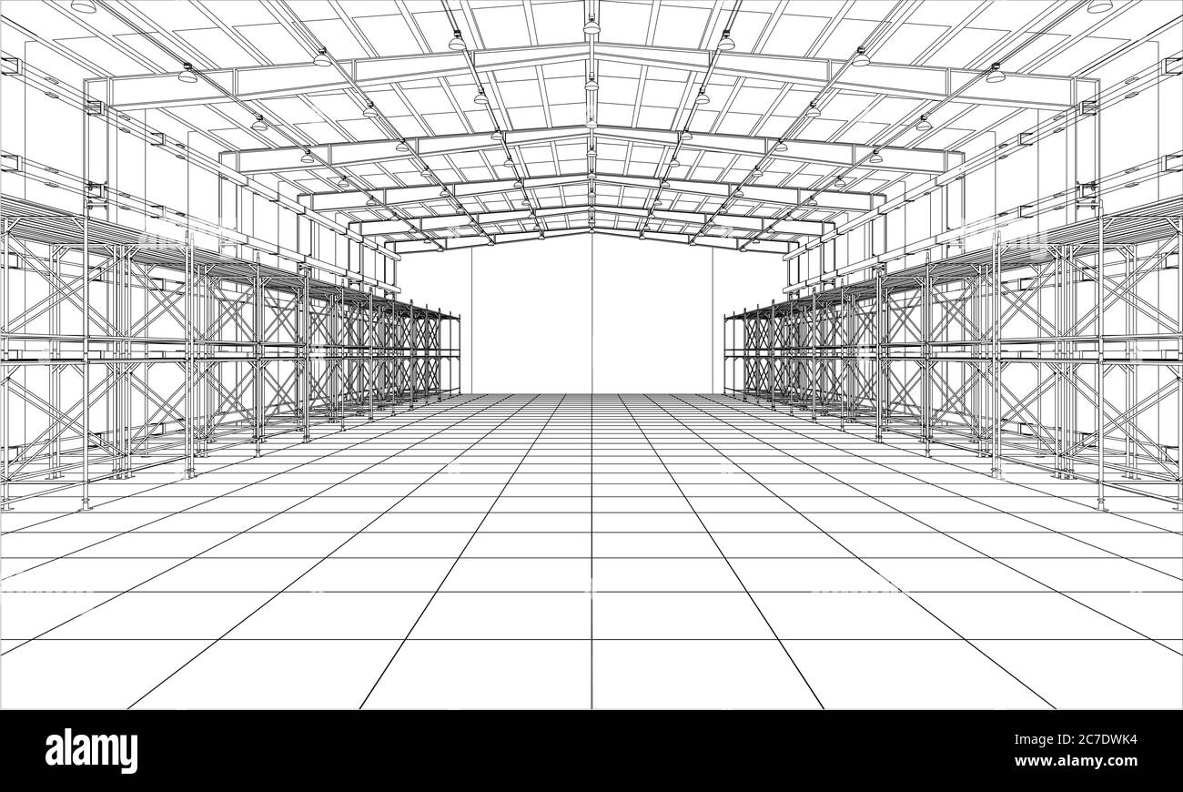 Drawing or sketch of warehouse with shelves Stock Photo - Alamy