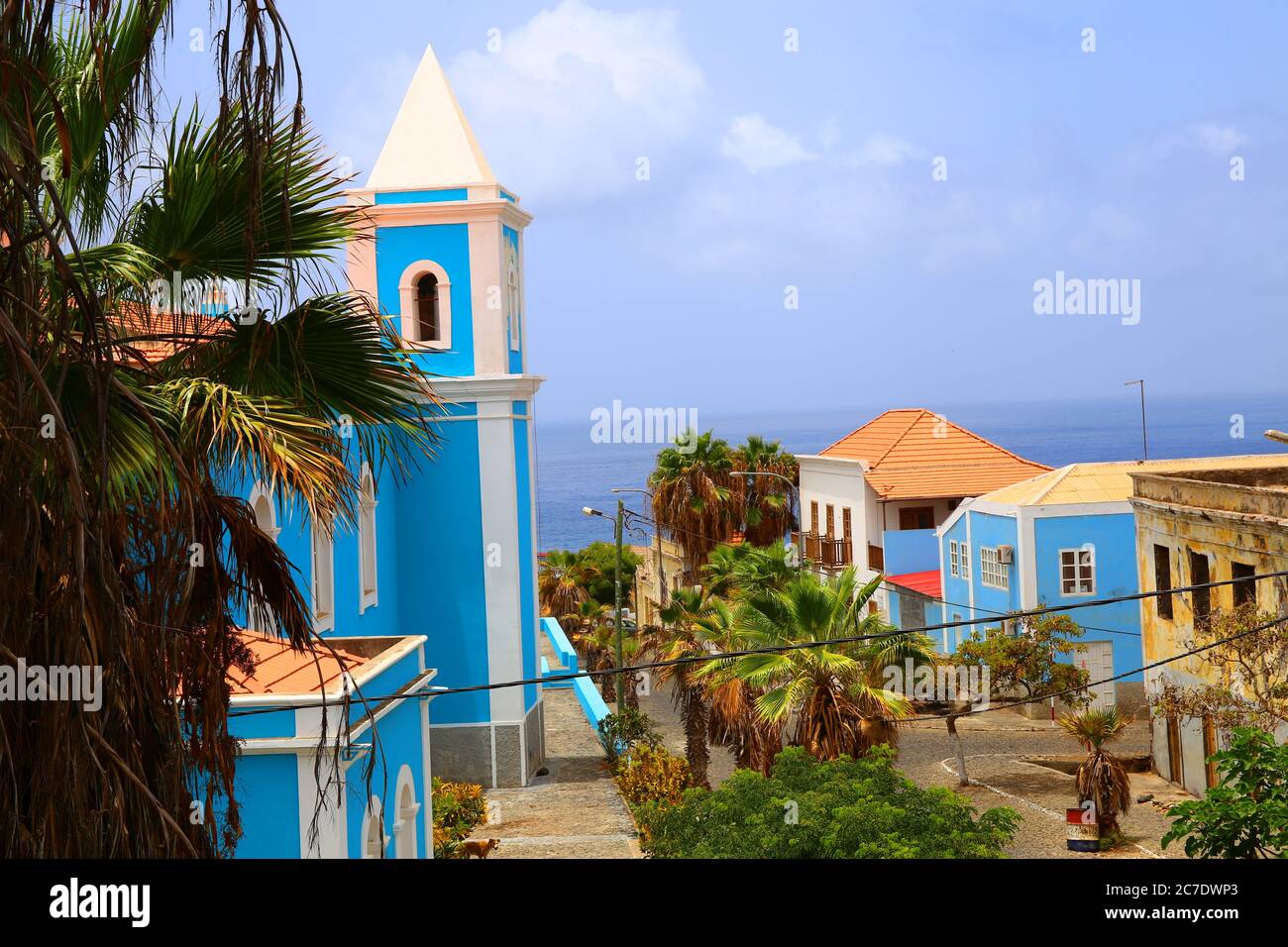 Blue church in Sao Felipe, Fogo island, Cape Verde Stock Photo - Alamy