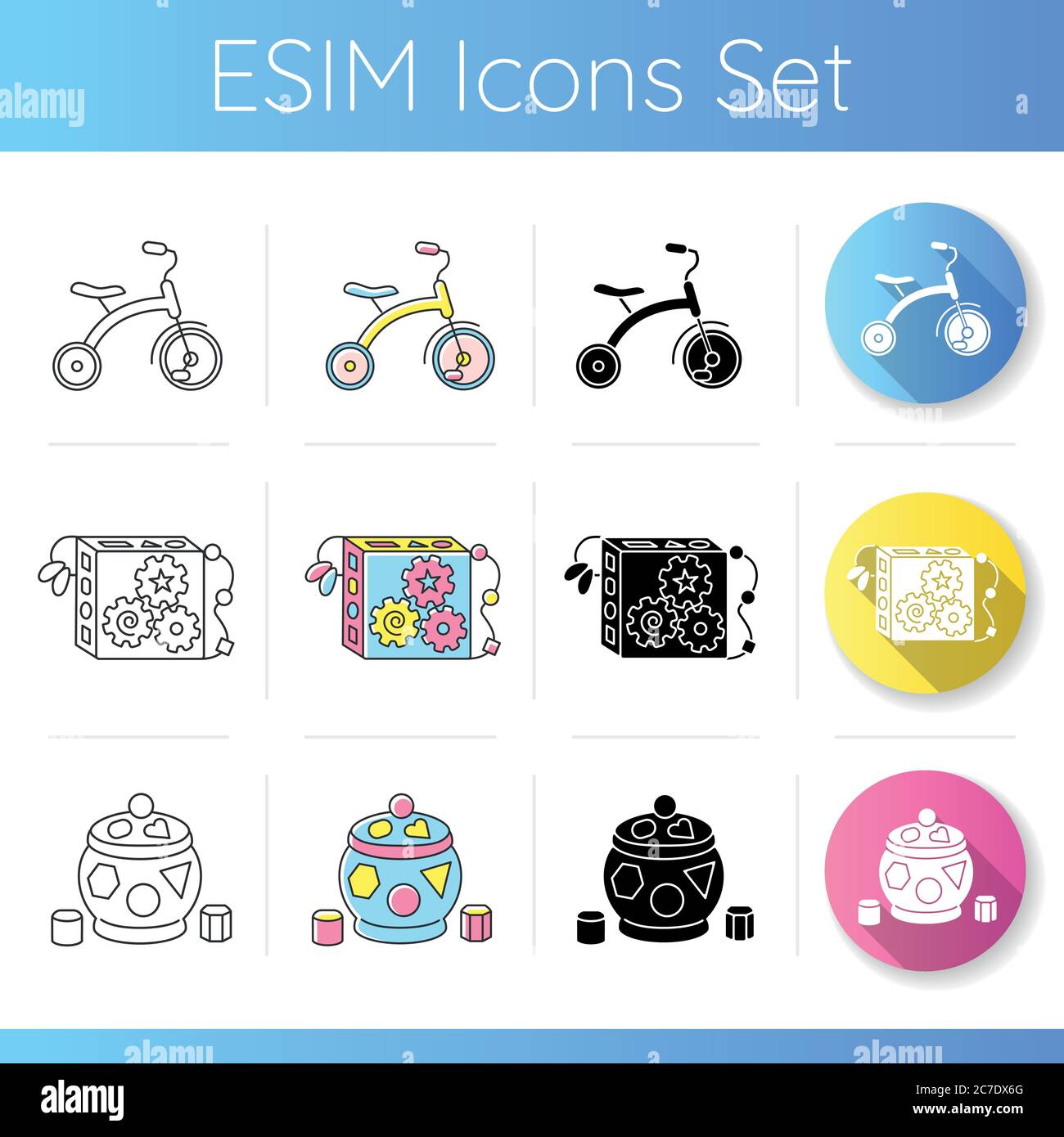 Motor skills development toys icons set. Tricycle for toddlers. Early ...