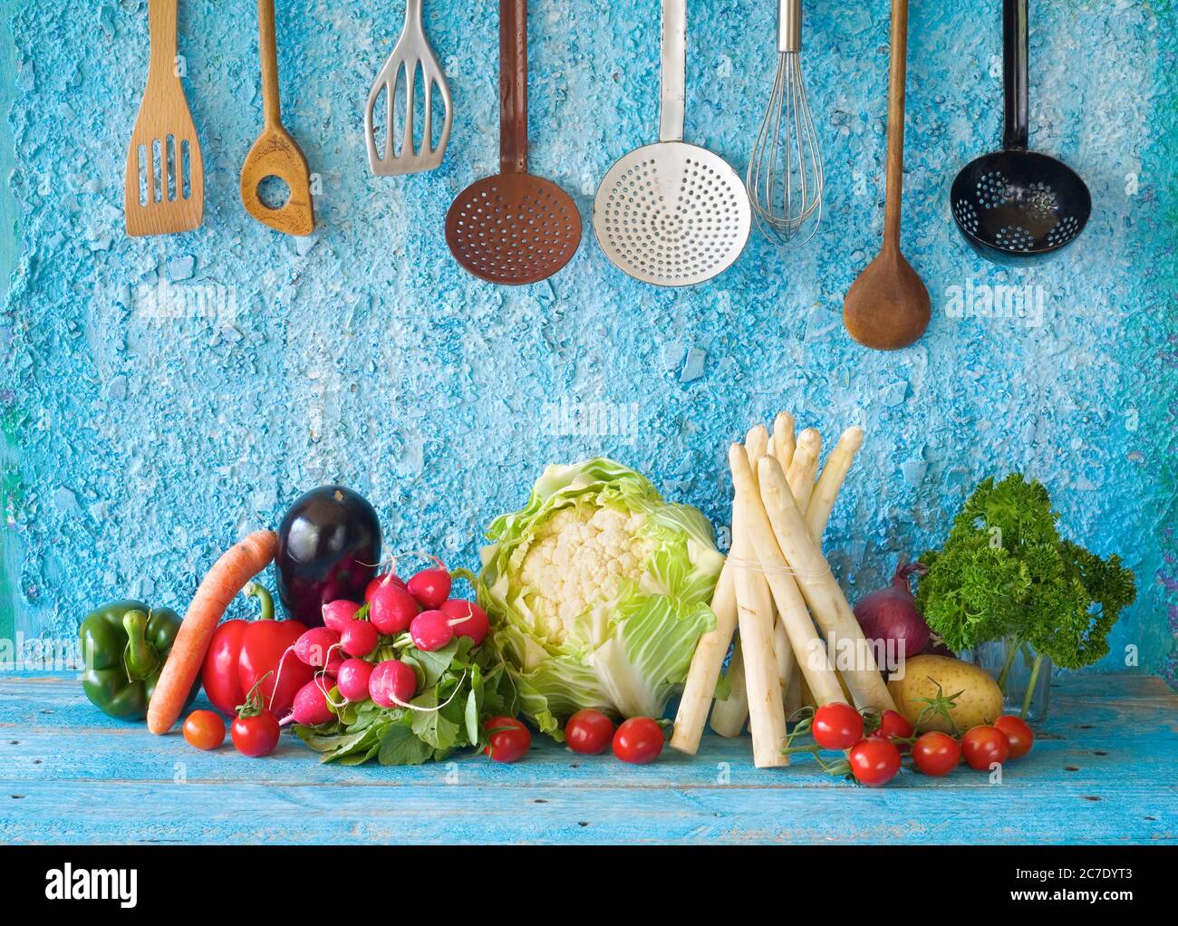 Various fresh vegetables, kitchen utensils, cooking concept,healthy ...