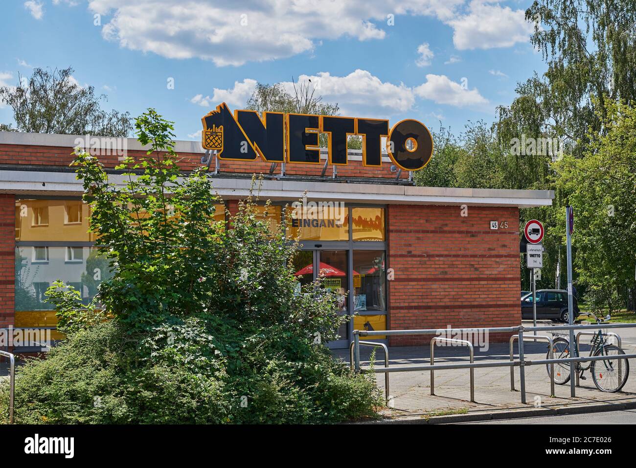 Berlin, Germany - July 14, 2020: Facade of a supermarket in a small ...