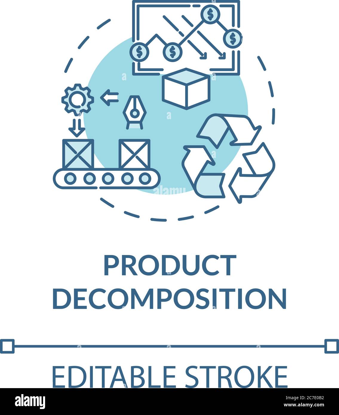 Product decomposition turquoise concept icon. Merchandise lifecycle ...