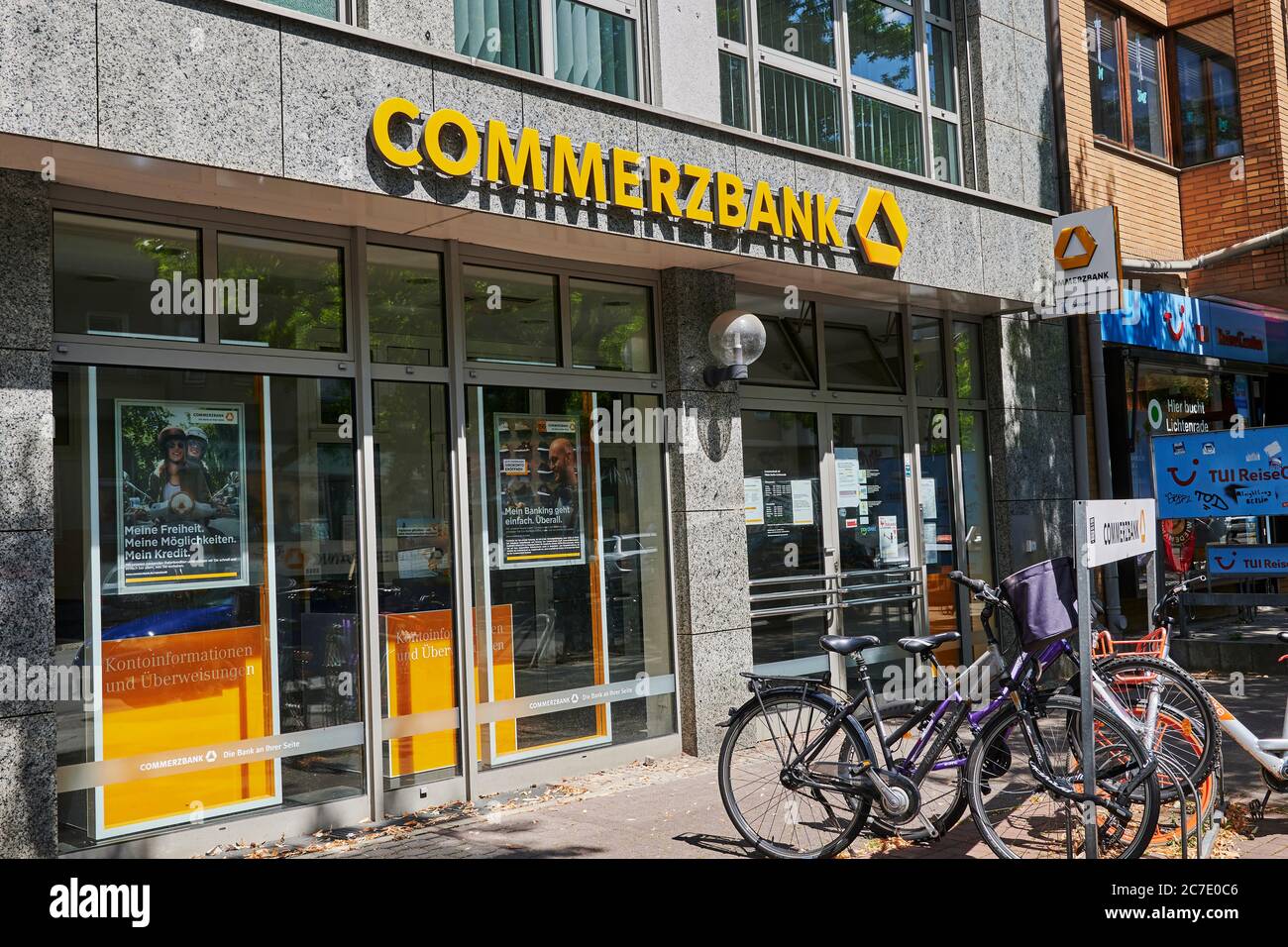 Berlin, Germany - July 14, 2020: A bank in a small shopping street in ...