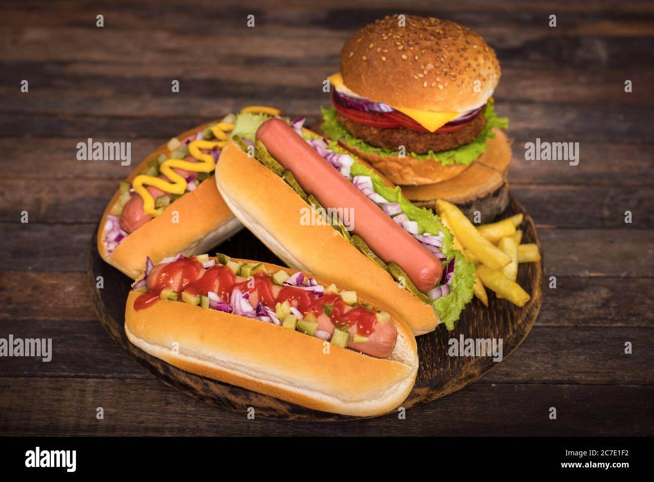 Fast food - Hot dogs, hamburger and French fries Stock Photo - Alamy