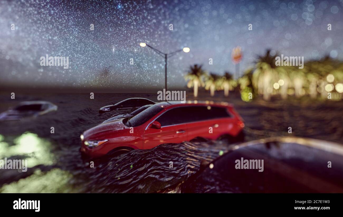 flooded road during a flood caused by heavy rain 3d rendering Stock ...