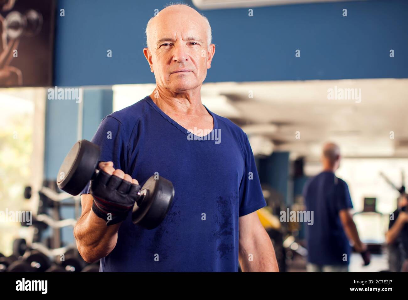 A portrait of bald senior man in the gym training with dumbbells ...