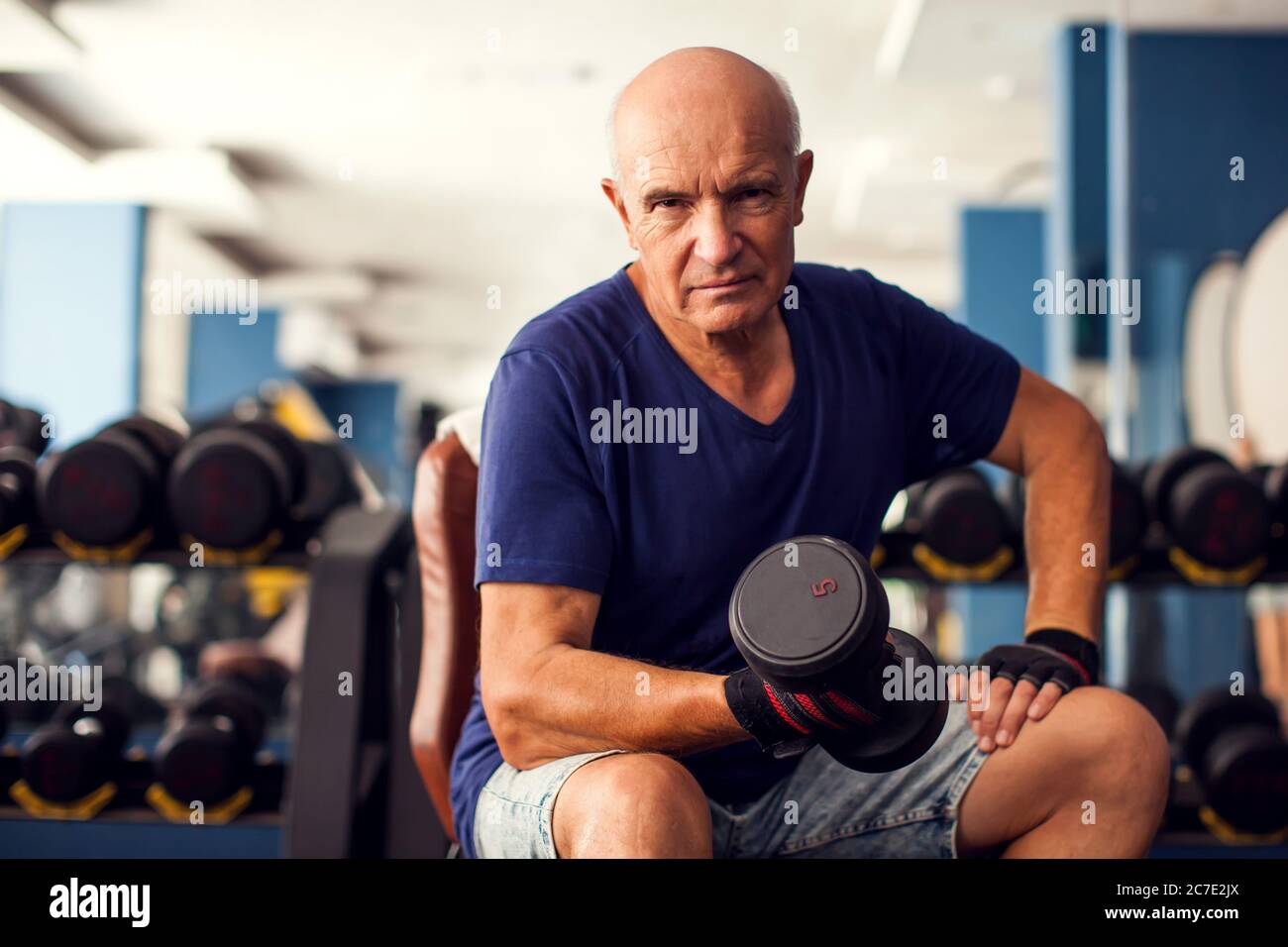A portrait of bald senior man in the gym training with dumbbells ...