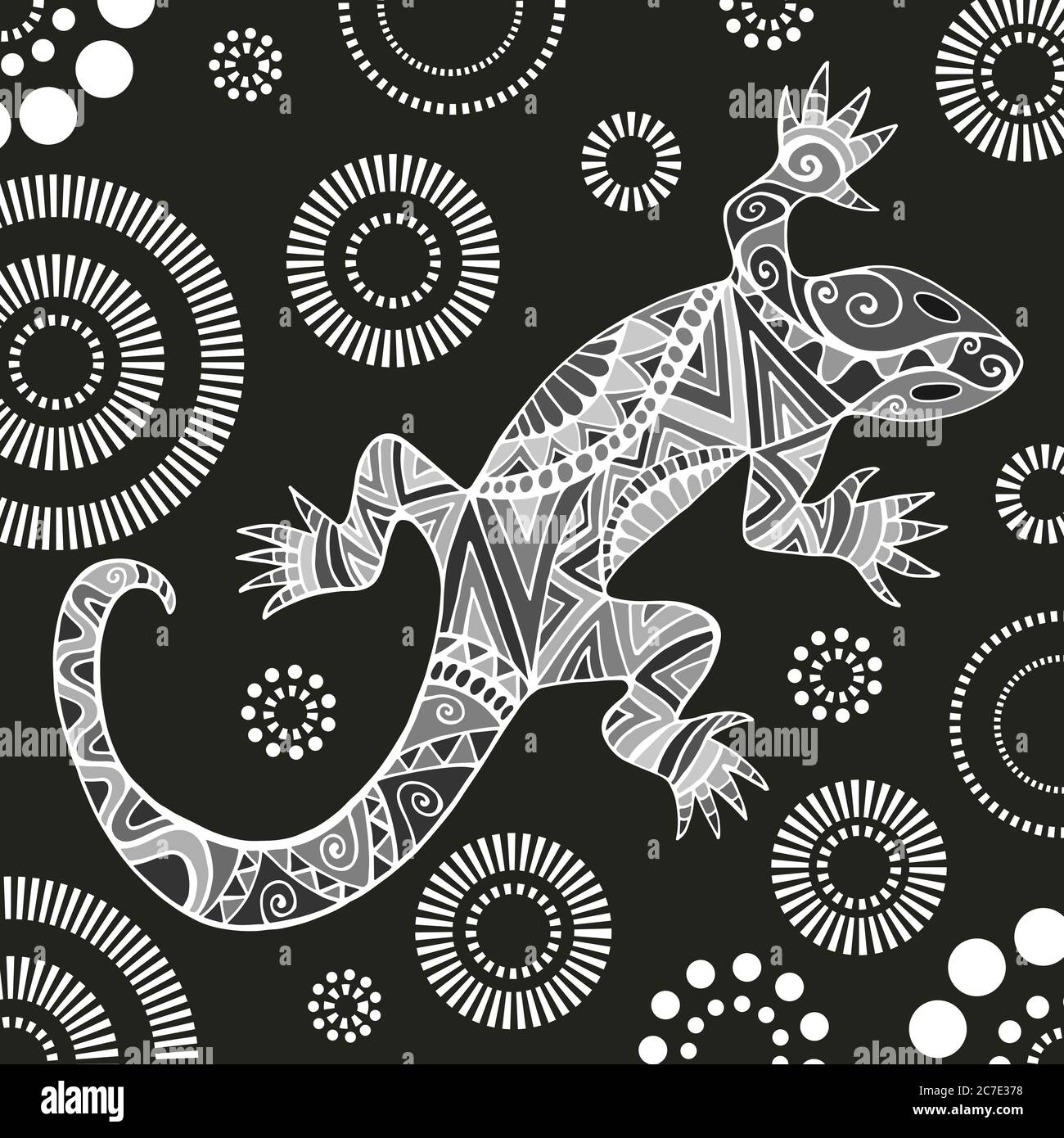 Lizard with abstract patterns, in black white gray color, isolated on ...