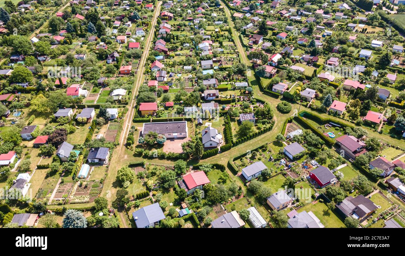Wide angle aerial view of recreational and vegetable gardens in Ilawa ...