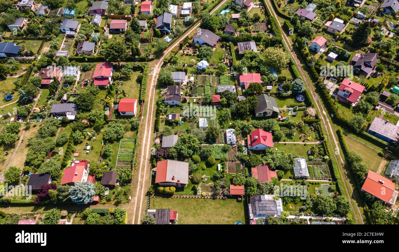 Wide angle aerial view of recreational and vegetable gardens in Ilawa ...
