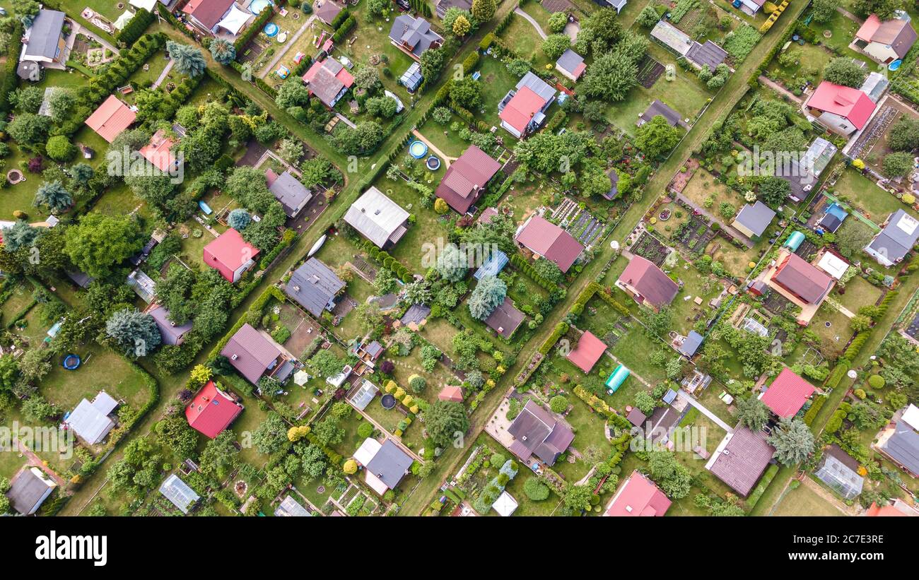 Wide angle aerial view of recreational and vegetable gardens in Ilawa ...