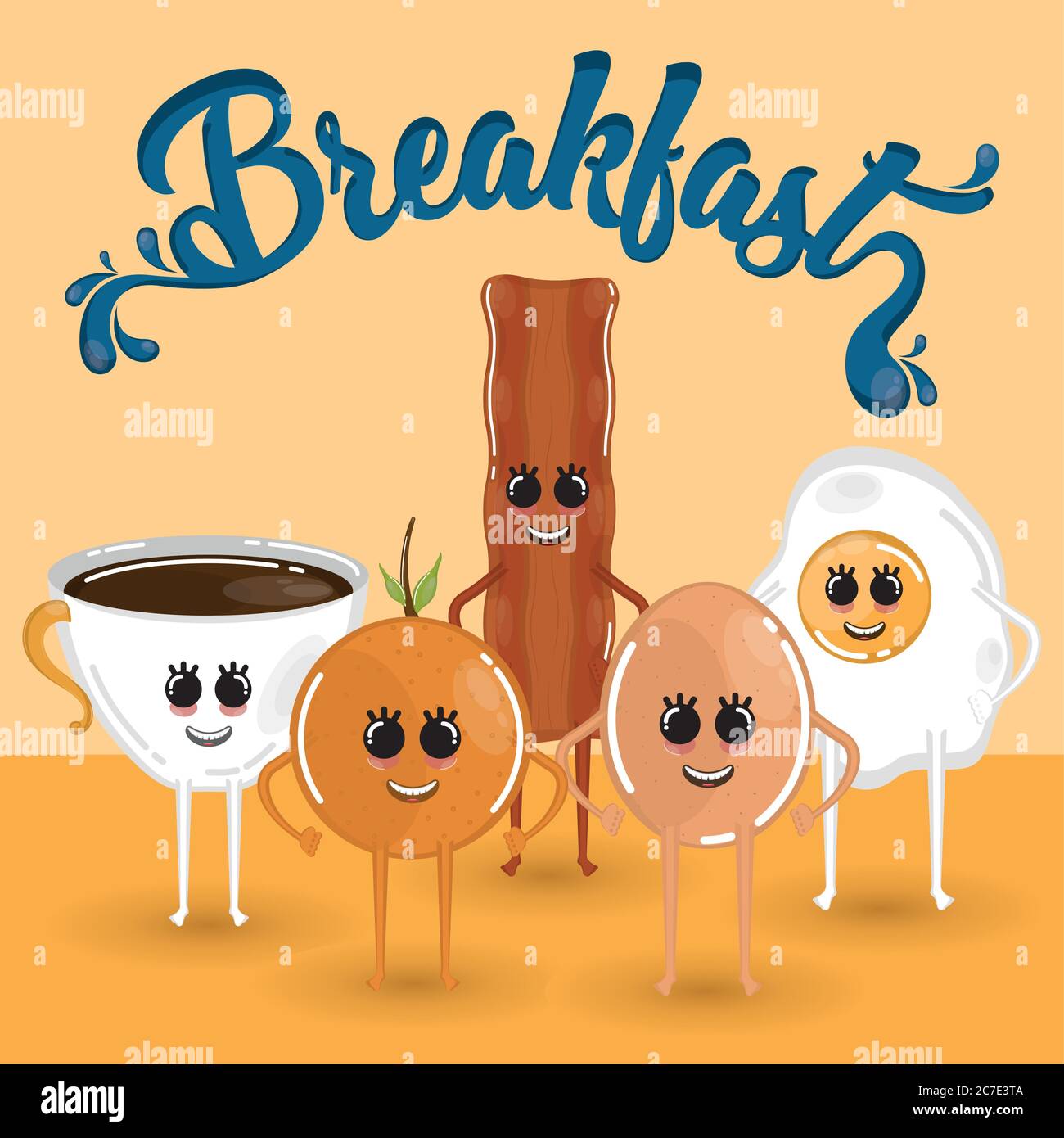 Food cartoon for breakfast. Cartoons of coffee cup, orange, bacon and ...