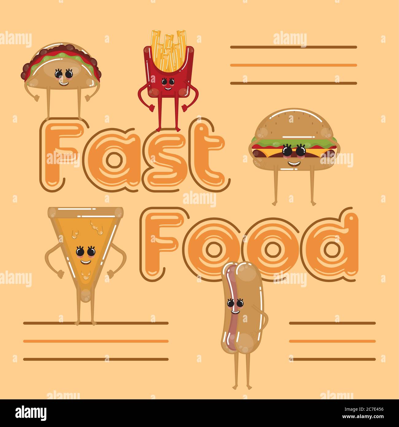 Fast food cartoons. Cartoons of a taco, french fries, burger, hotdog ...