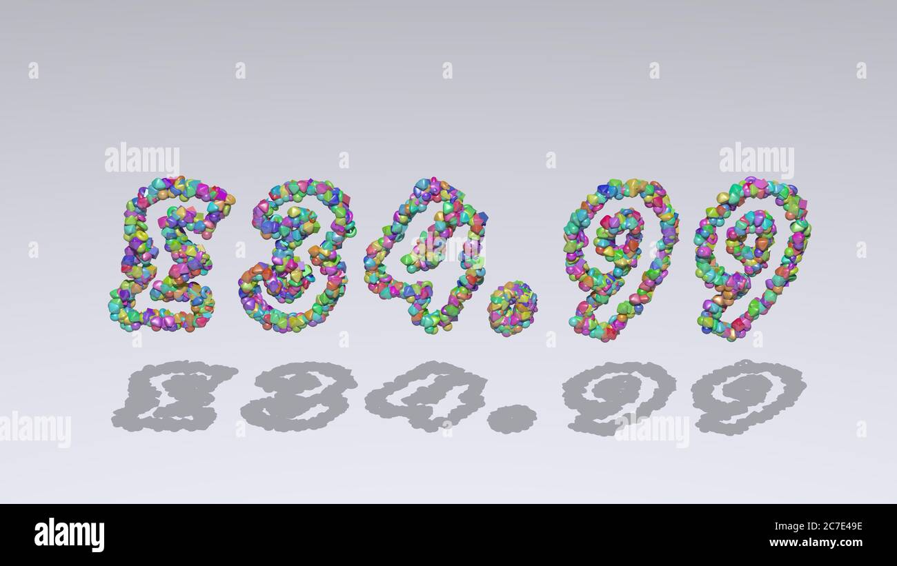 £34.: 3D illustration of the text made of small objects over a white ...