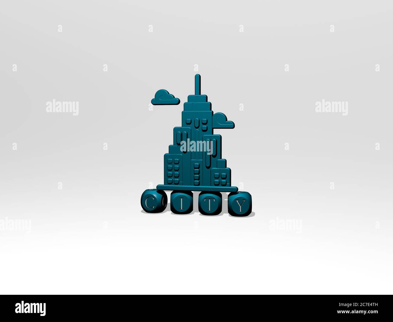 3D graphical image of city vertically along with text built by metallic ...