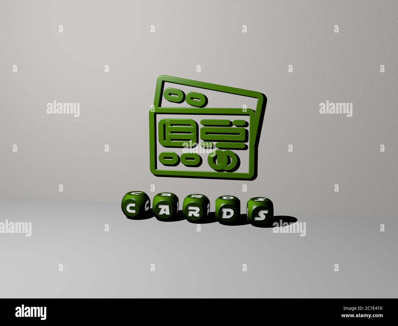 3D illustration of cards graphics and text made by metallic dice ...