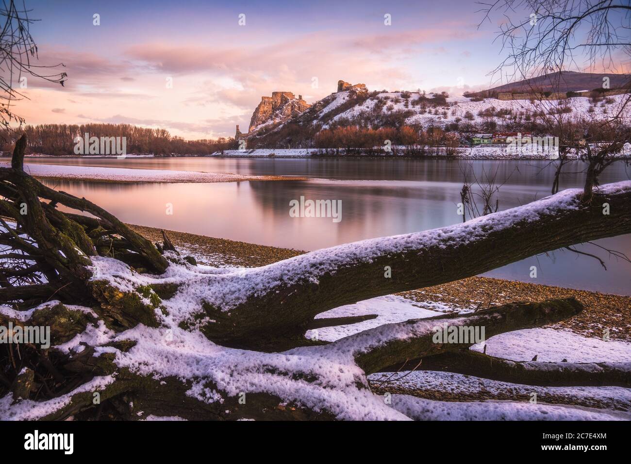 Snow Covered Devin Castle Ruins above the Danube River in Bratislava ...