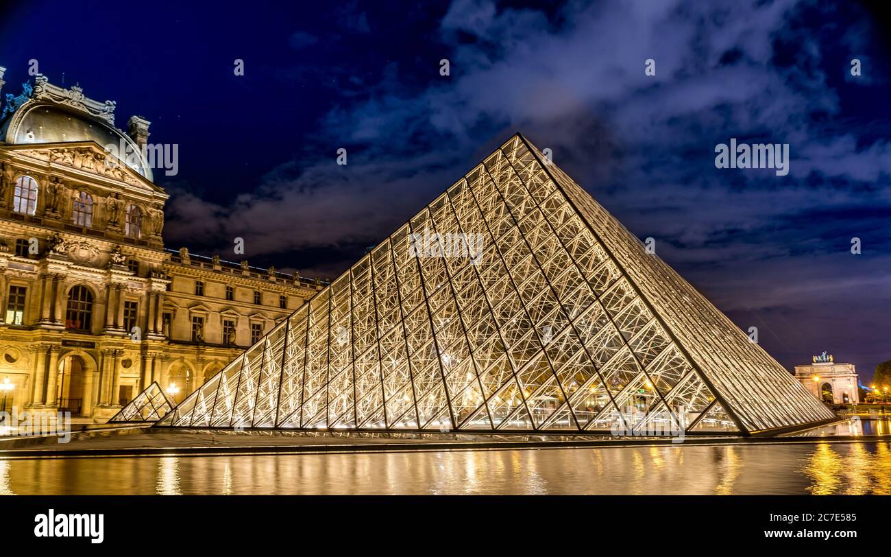 Horizontal shot of the lit-up Louvre pyramid during the night in Paris ...