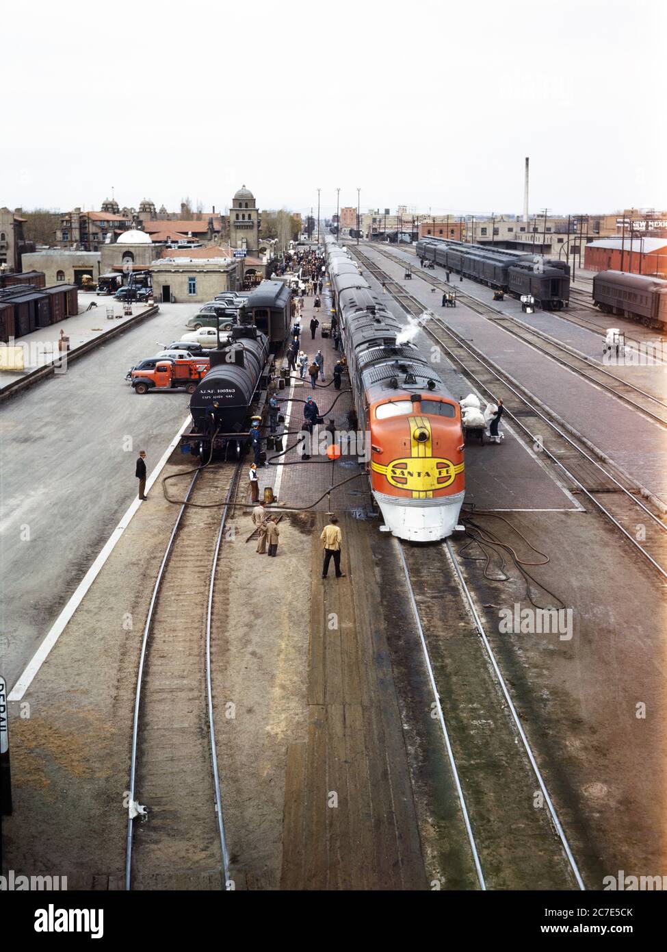 Santa Fe Railroad Streamliner, the "Super Chief," being serviced at ...