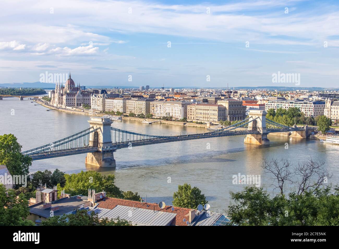 Szechenyi chain bridge with river Danube, Budapest, Hungary Stock Photo ...