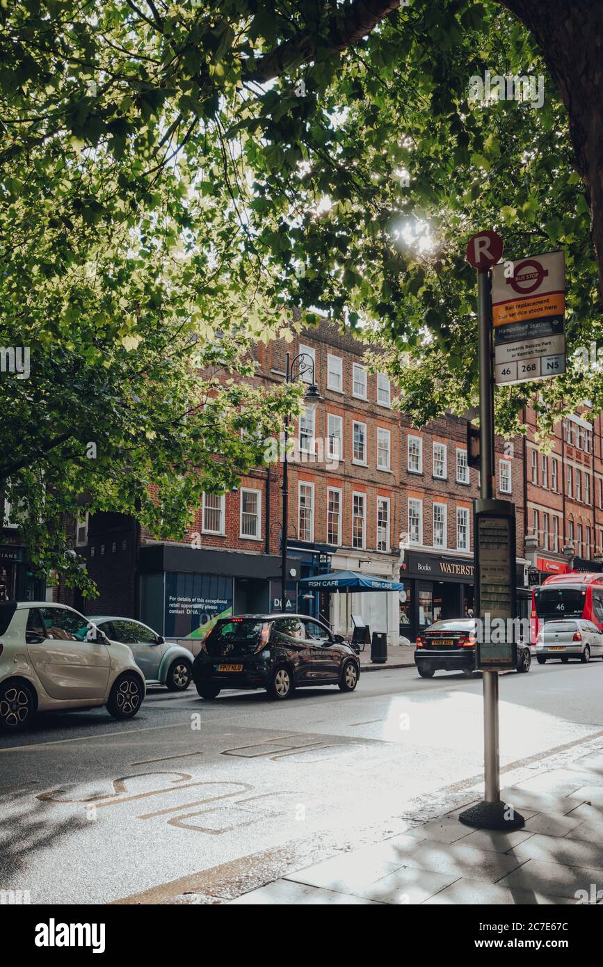 London, UK - July 02, 2020: Cars queue in traffic on Hampstead High ...