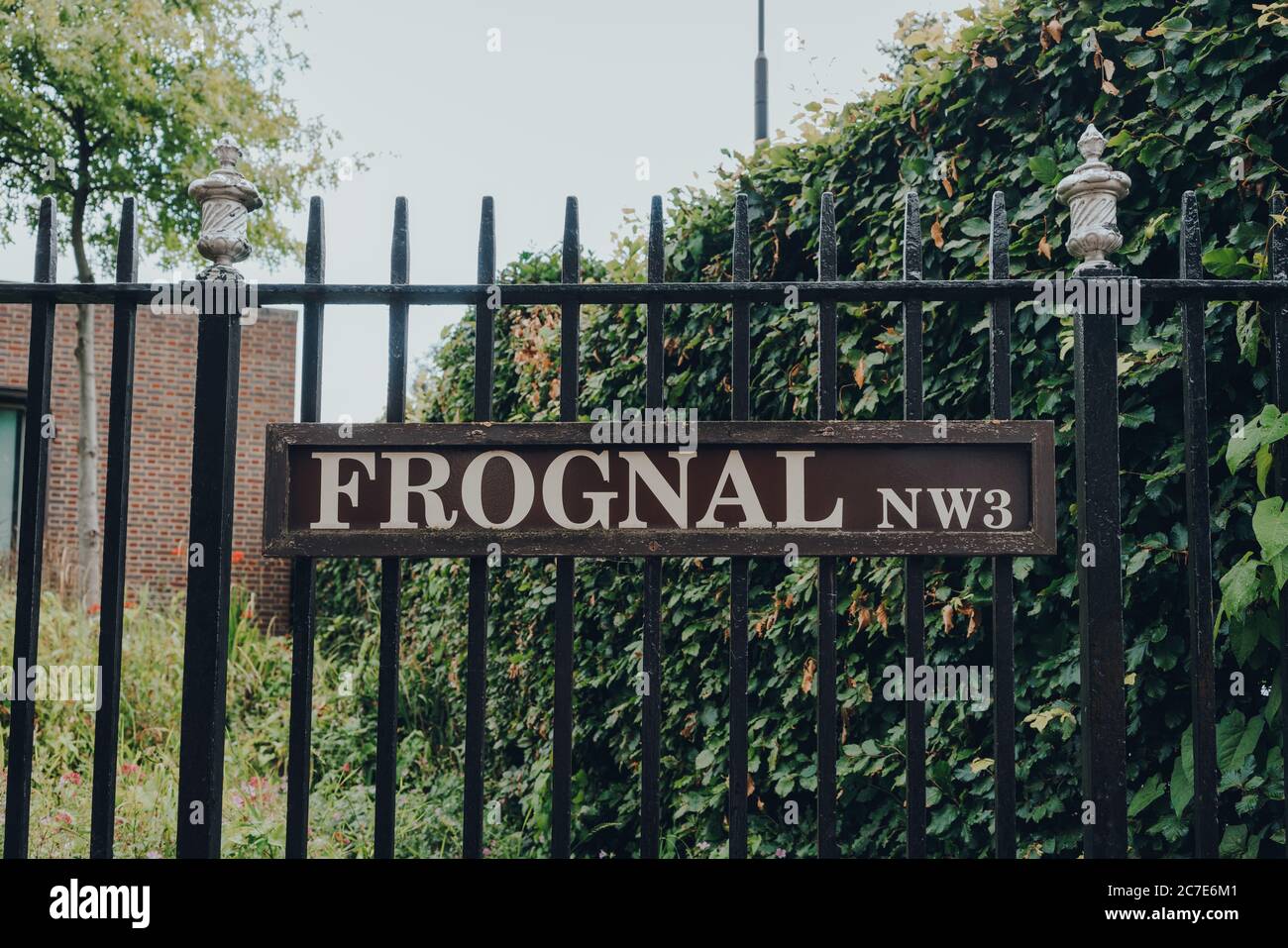 London, UK - July 02, 2020: Street name sign on a metal fence on ...