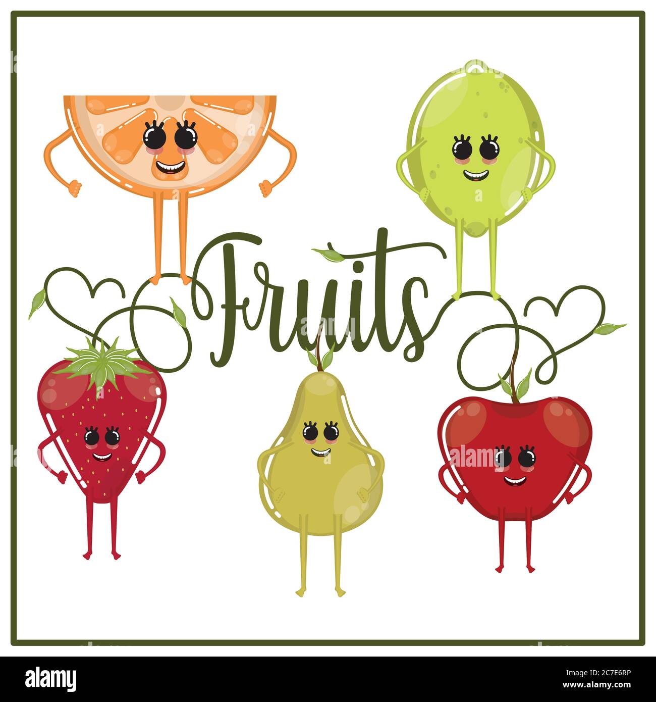 Set of cartoon fruits. Cartoons of strawberry, orange cut, lemon, pear ...