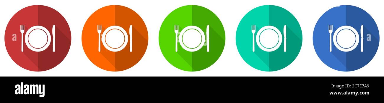 Restaurant icon set, red, blue, green and orange flat design web ...