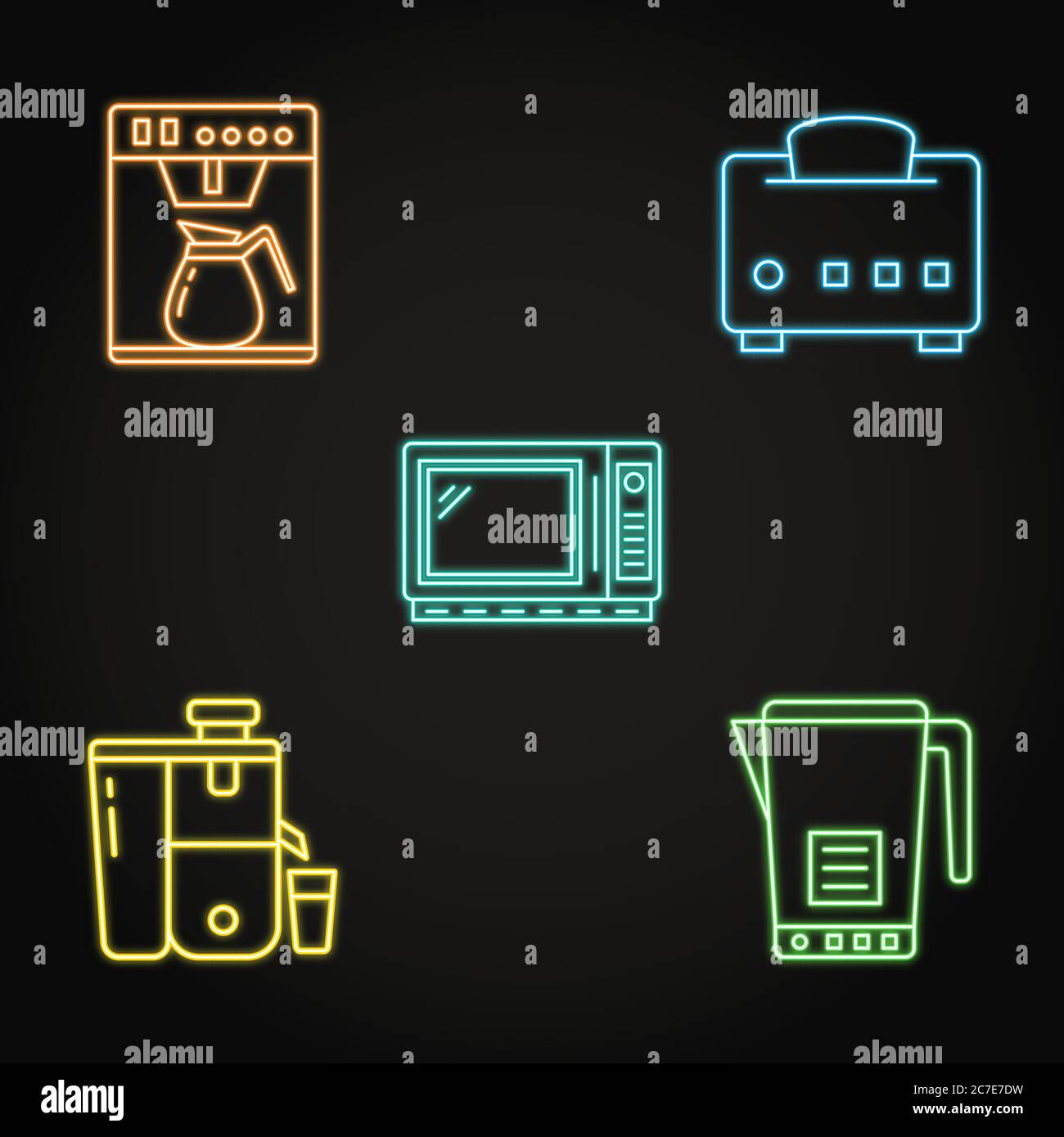 Neon kitchen smart gadgets icon collection. Coffee machine, smart ...