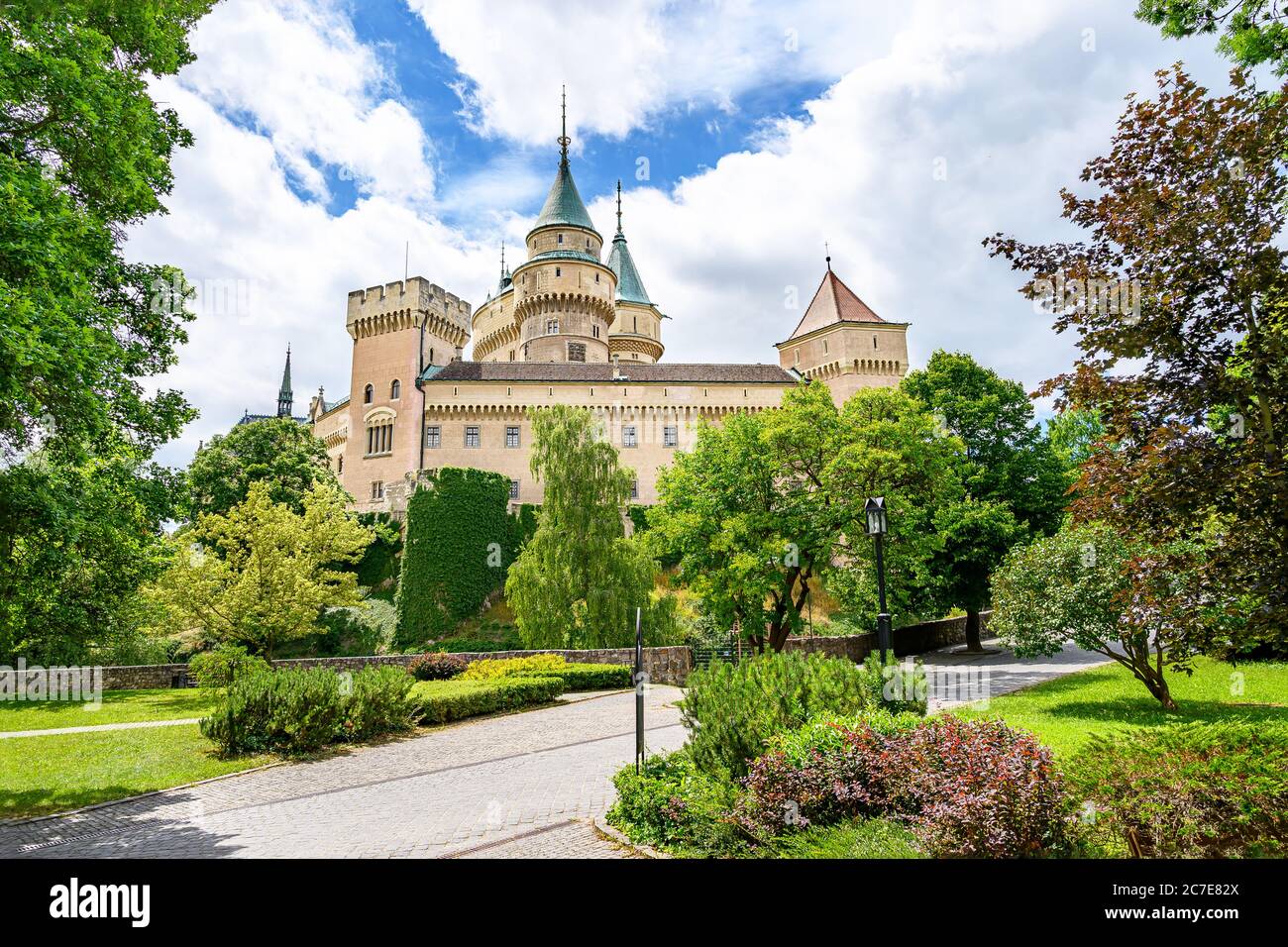 Bojnice castle park with neogothic castle in background (Bojnice ...