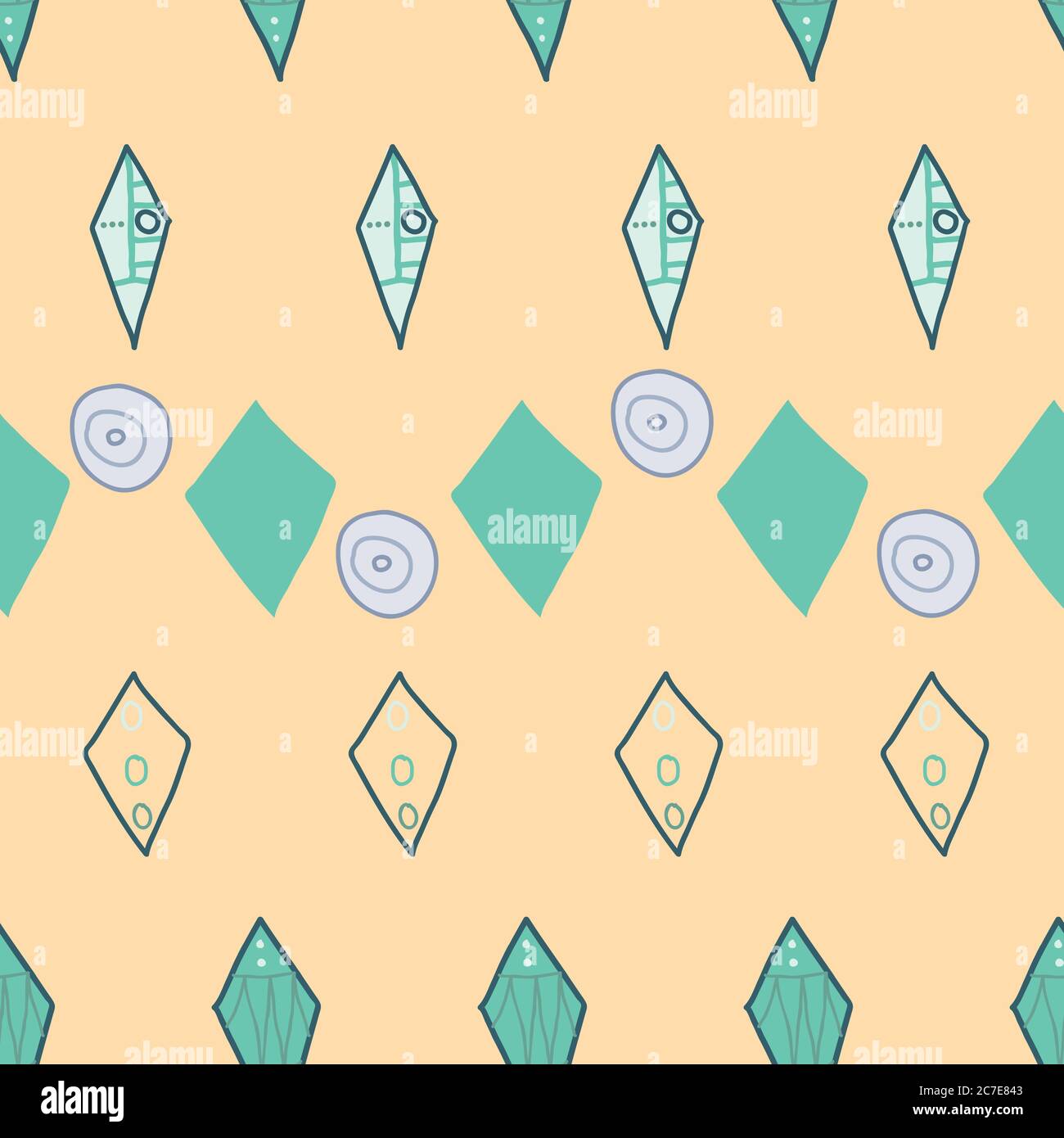 doodled teal colored shapes in rows on yellow background Seamless ...