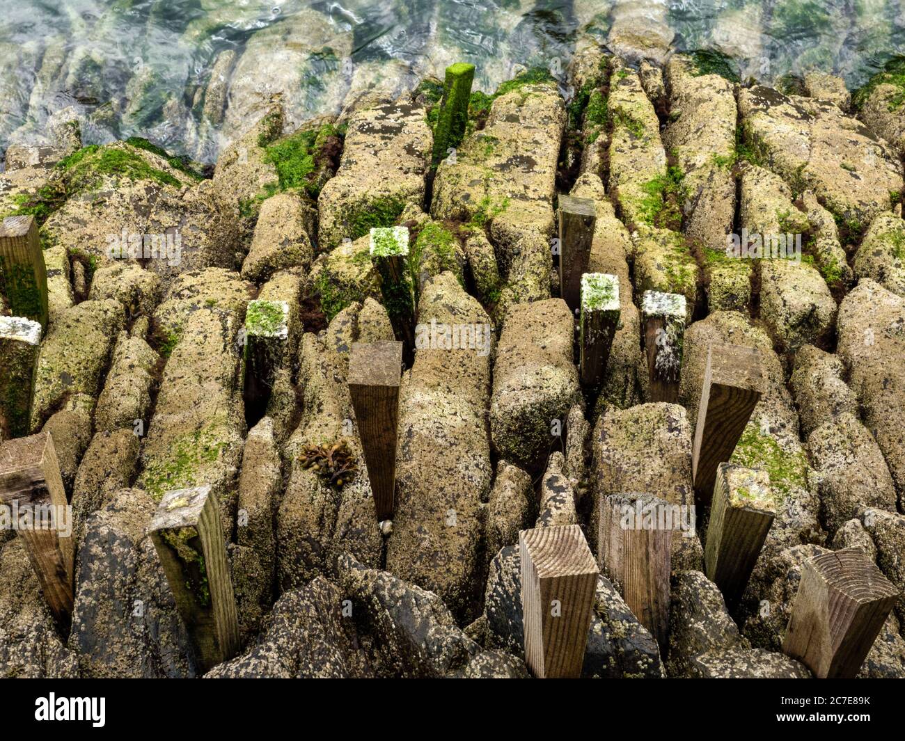 Pegs hammered into a wall of rocks to keep them in place Stock Photo ...
