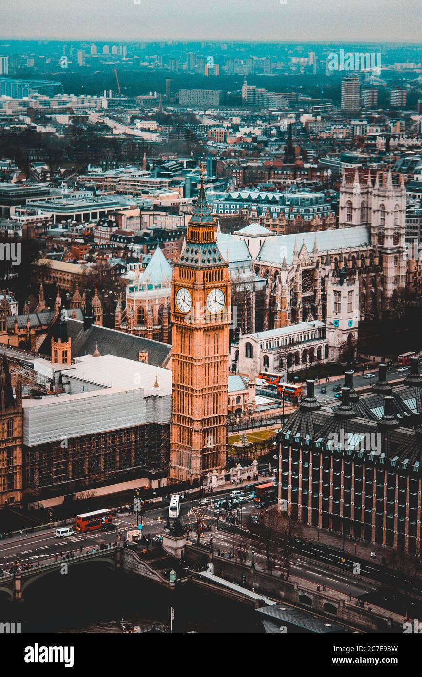 Vertical aerial shot of a cityscape in London with Big Ben and high ...