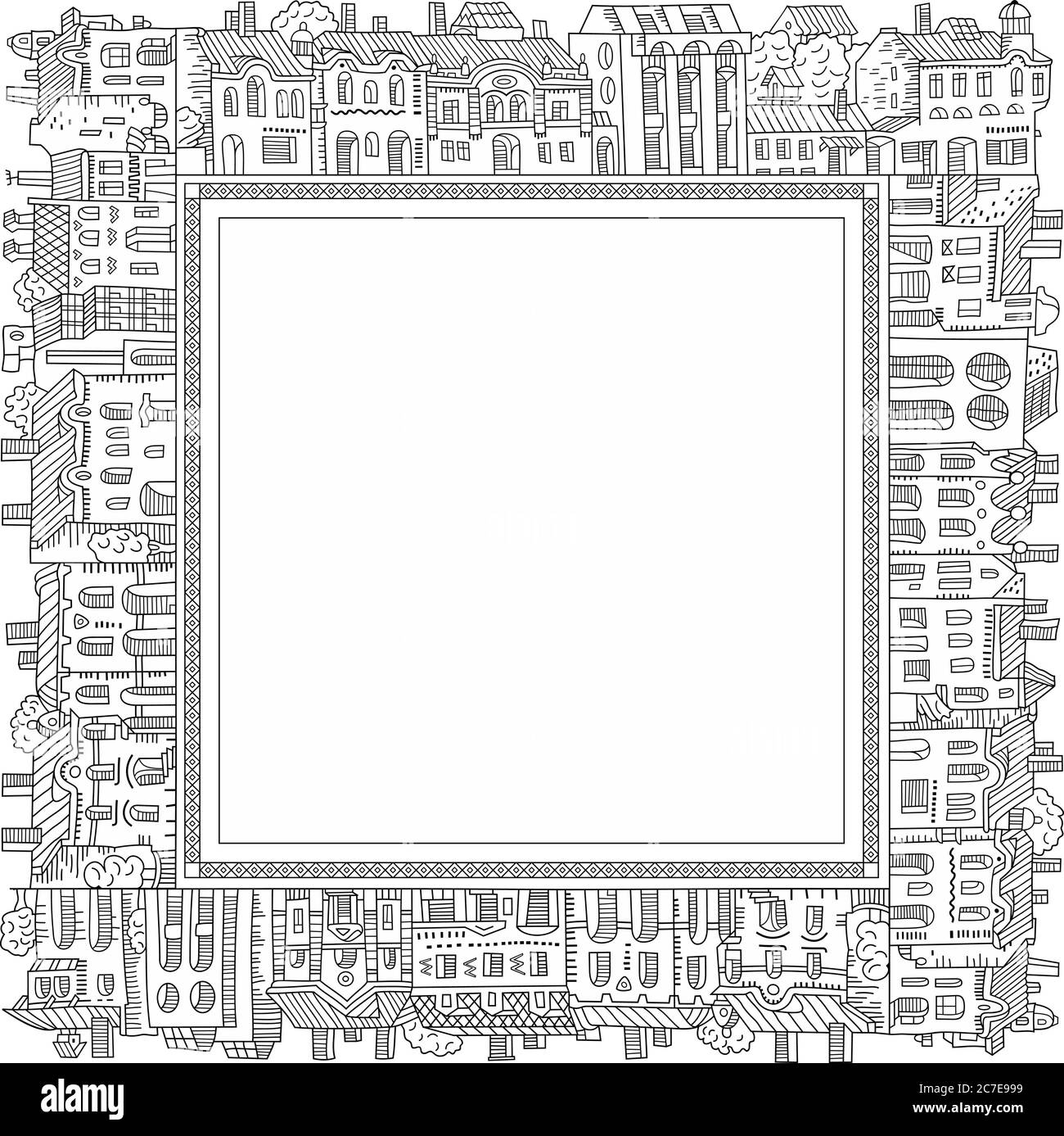 Vector hand drawn linear cartoon houses frame Stock Vector Image & Art ...