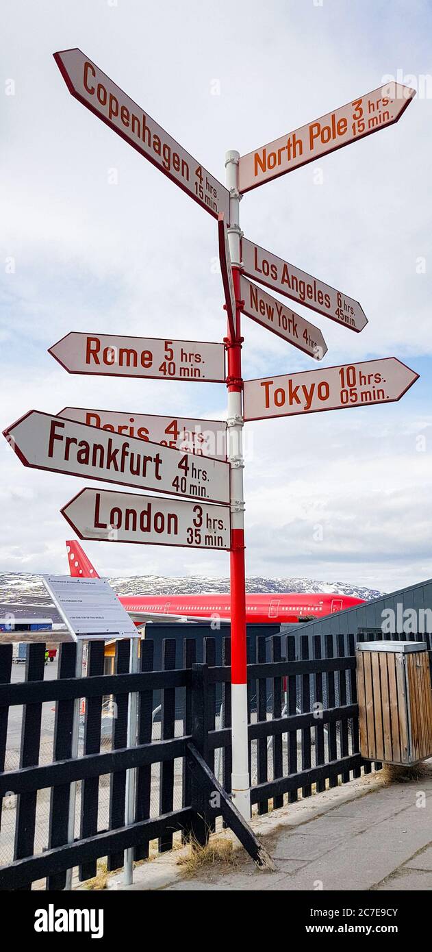 Signpost at Kangerlussuaq airport in Greenland pointing to cities ...
