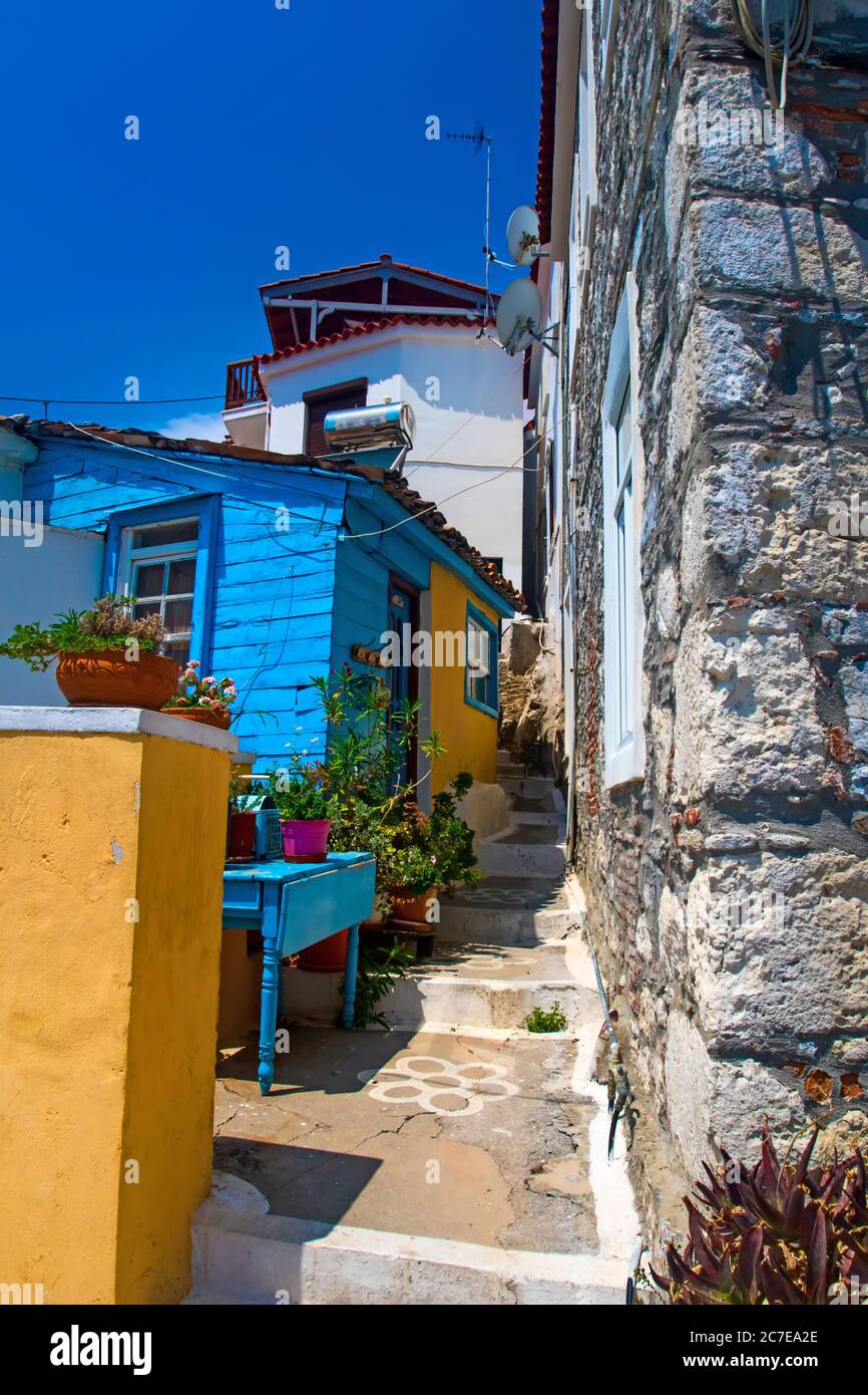 Samos island. Greece. Samos Kokkari Village. Colorful houses and street ...