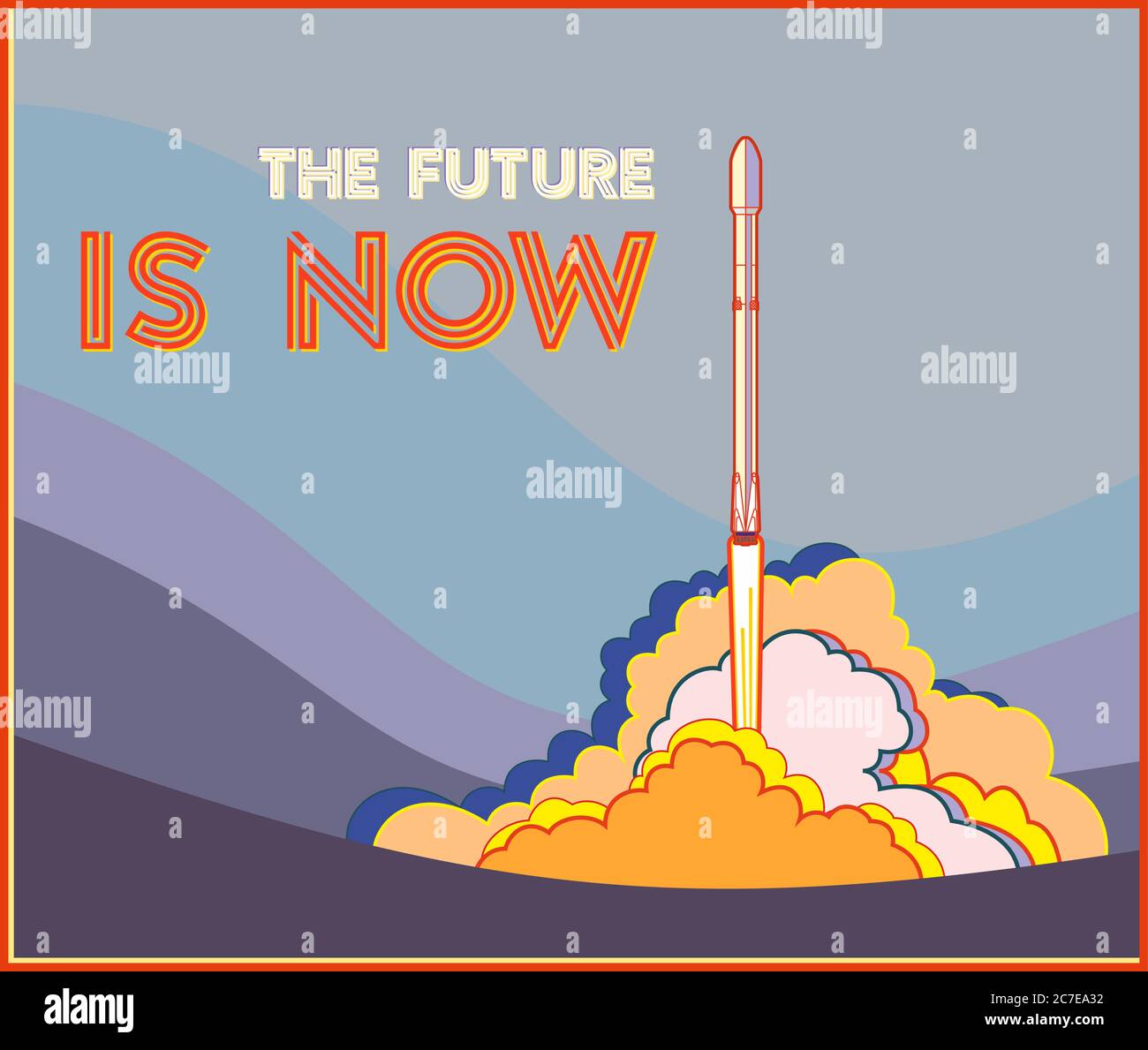 The Future is Now poster. Rocket, space craft vector rocket launching ...