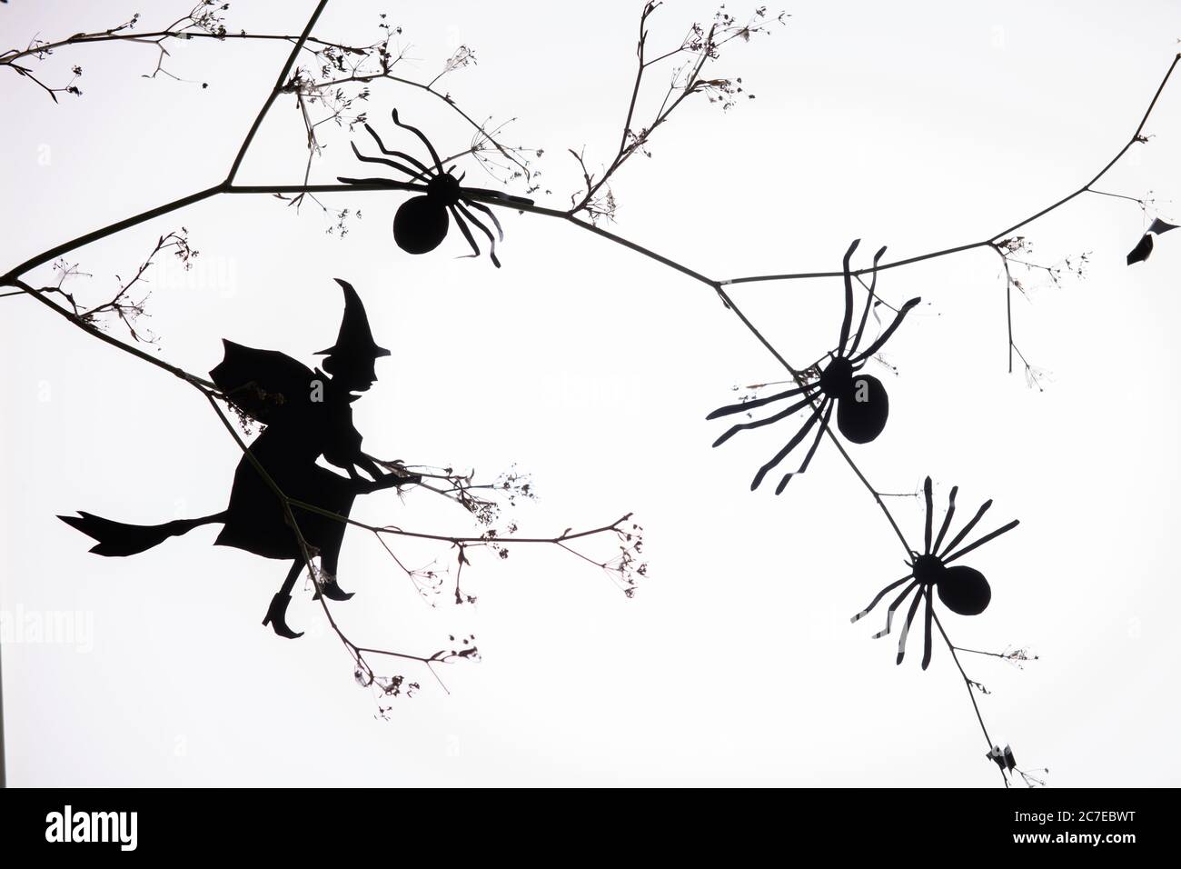 Witch of paper flying on her broom to Sabbath, on a white background ...