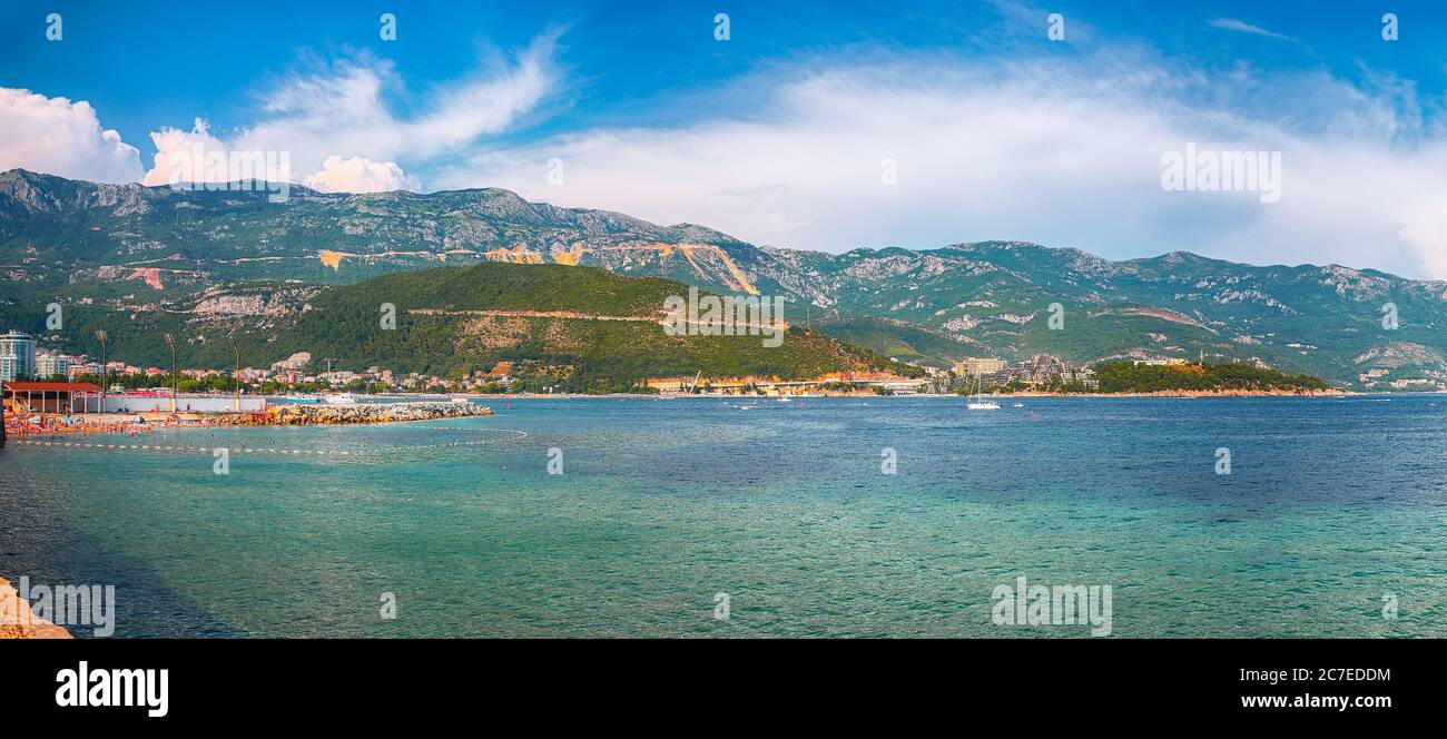 Panoramic summer view of Adriatic sea coast and Budva city. Location ...