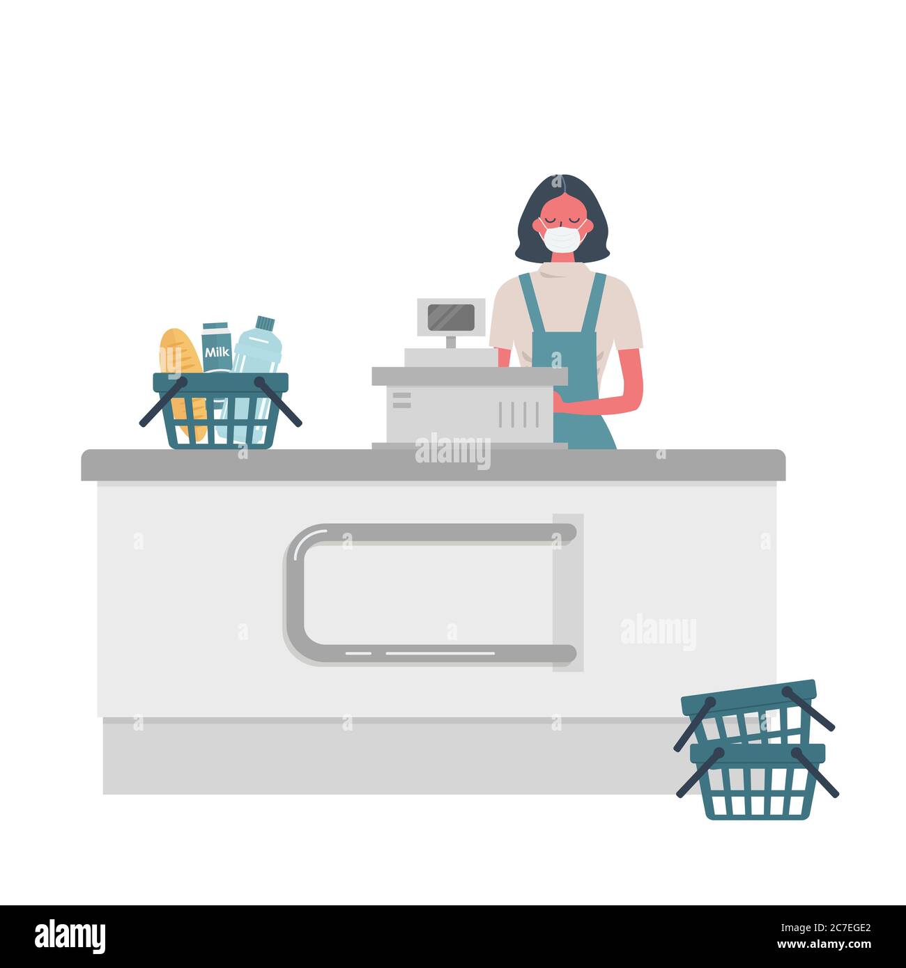Supermarket cashier web banner during coronovirus epidemic. Young woman ...