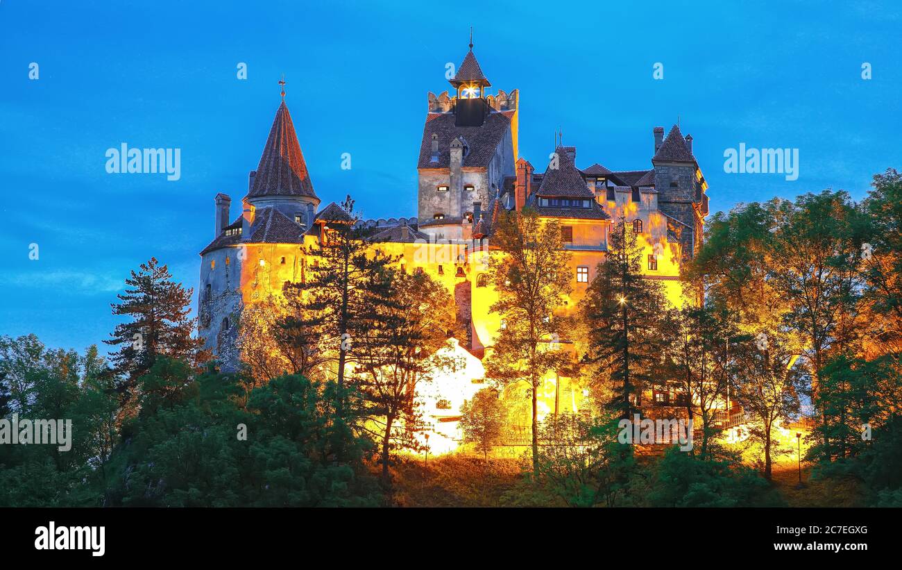 Landscape with medieval Bran castle known for the myth of Dracula at ...