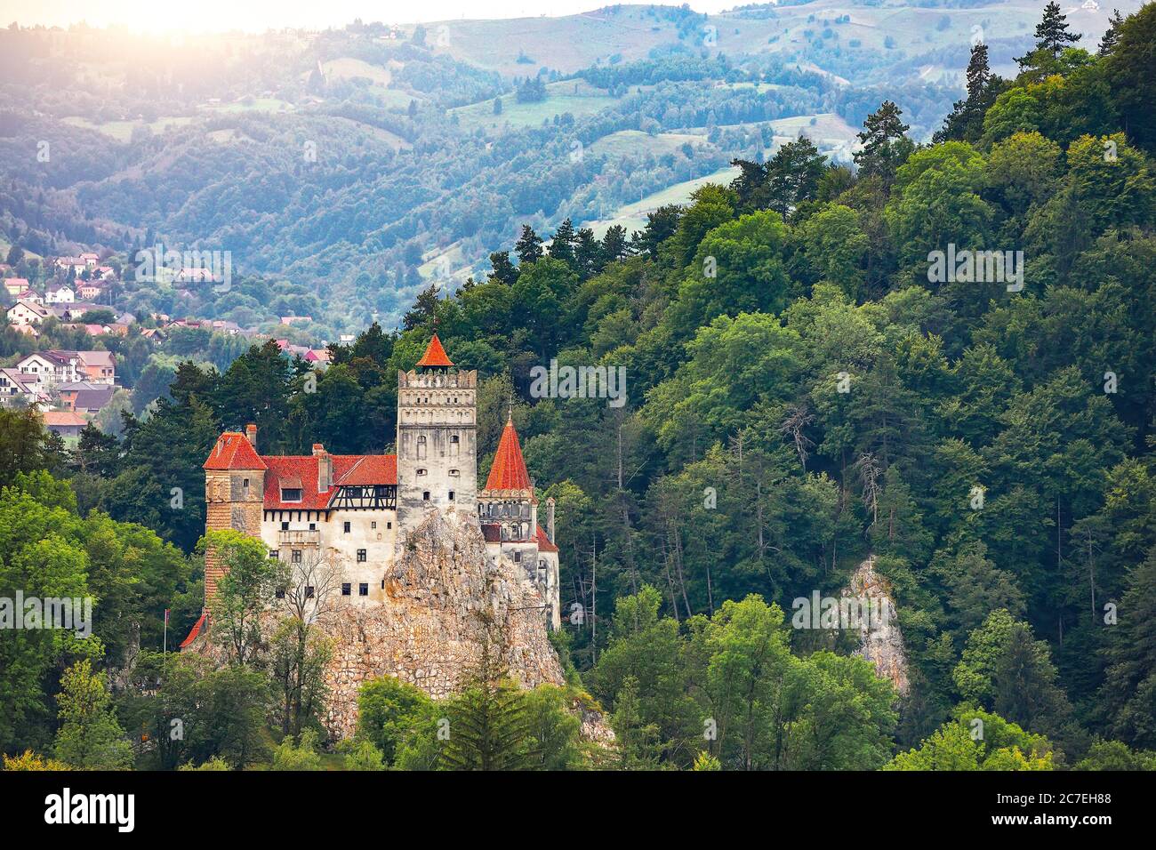 Landscape with medieval Bran castle known for the myth of Dracula. Bran ...