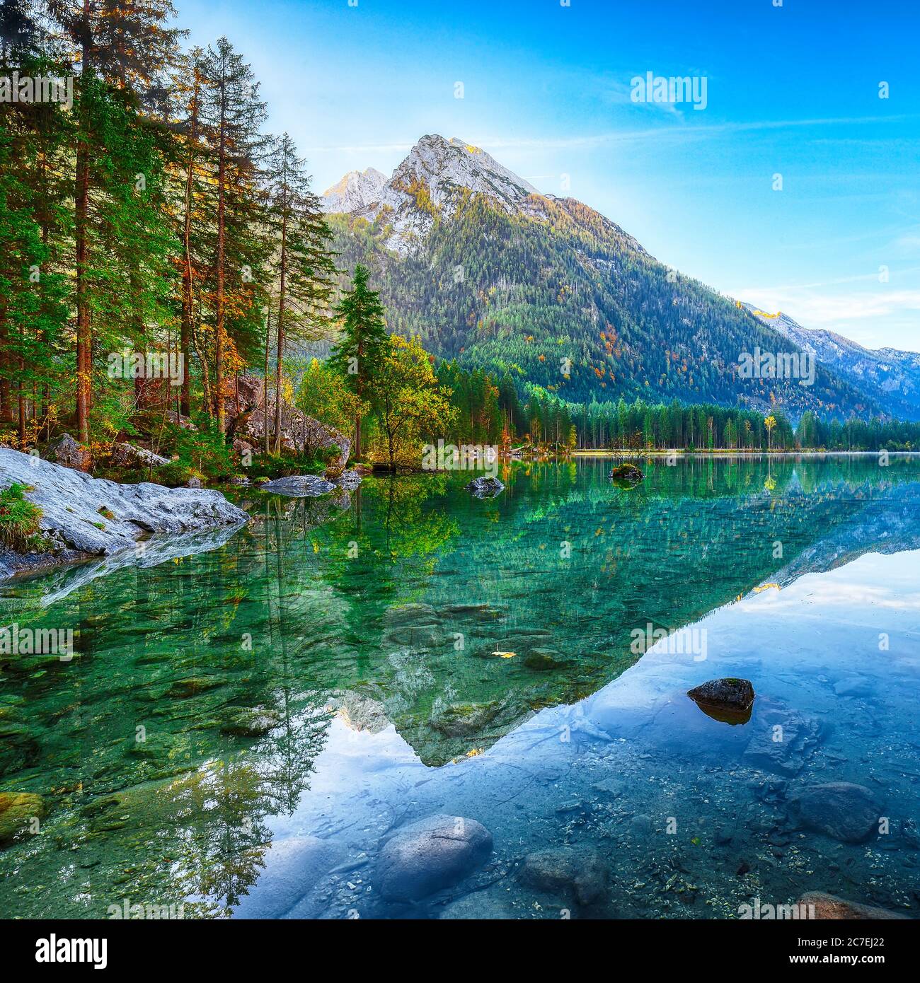 Fantastic autumn sunrise of Hintersee lake. Beautiful scene of trees ...