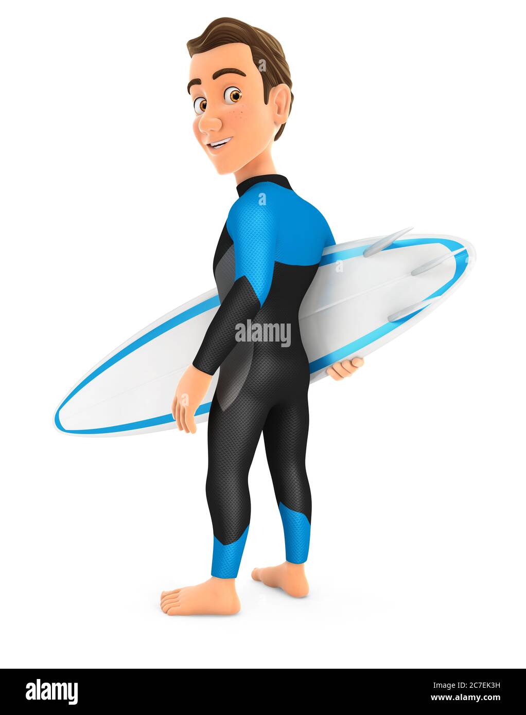 3d surfer holding surfboard with his back turned, illustration with ...