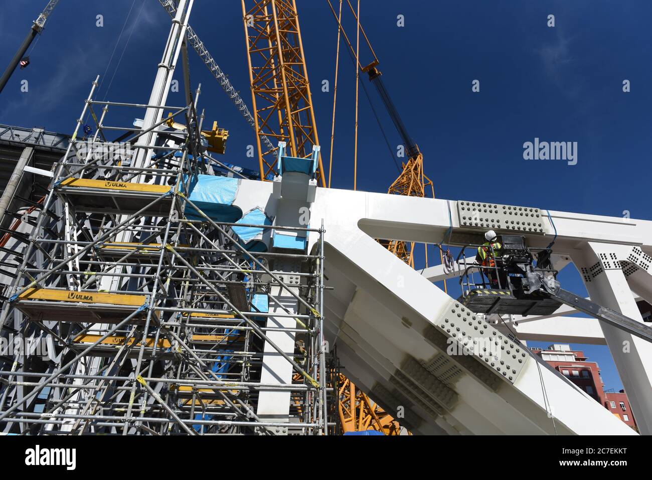 Workers are seen doing renovation work at Santiago Bernabeu stadium in ...