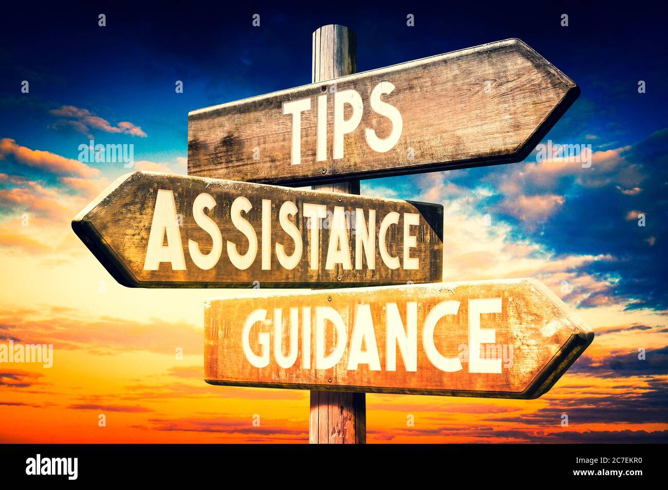 Tips, assistance, guidance - wooden signpost, roadsign with three ...