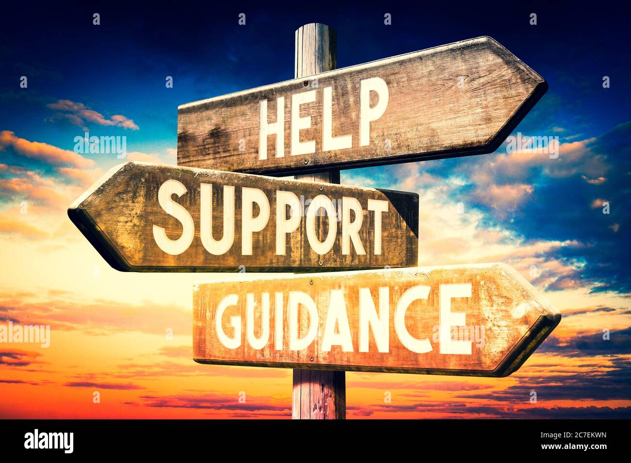 Help, support, guidance - wooden signpost, roadsign with three arrows ...