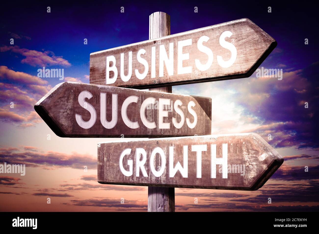 Business, success, growth - wooden signpost, roadsign with three arrows ...